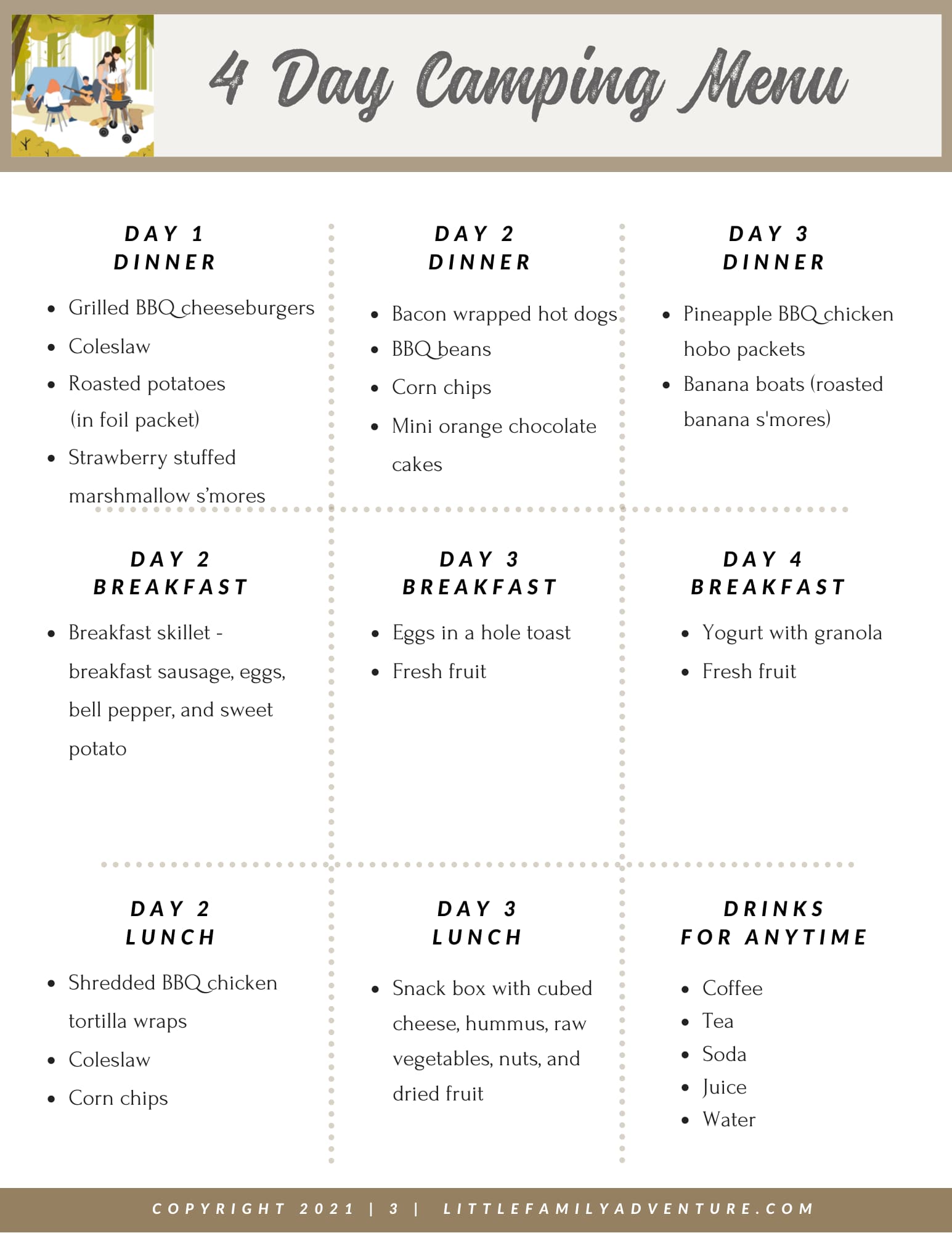 4 Day Camping Menu with Classic Family Favorite Recipes